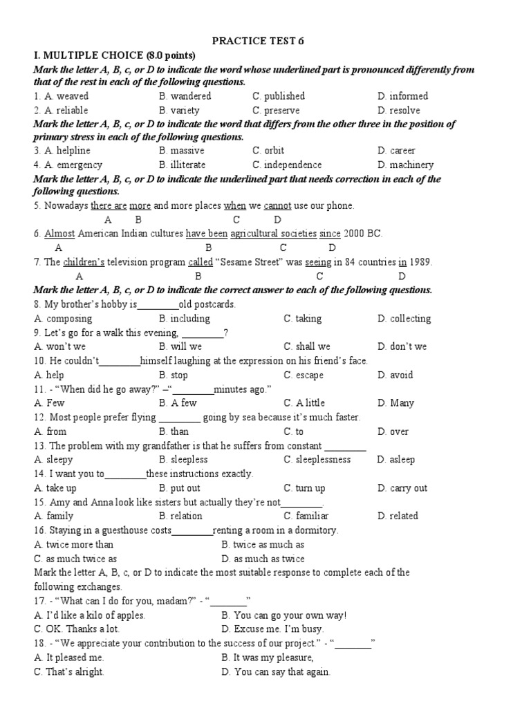English Practice Test 6: Multiple Choice | PDF | Water