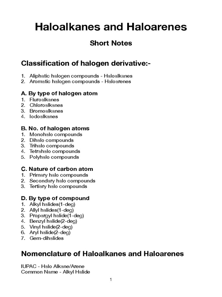 Haloalkanes and Haloarenes: Short Notes Classification of Halogen ...