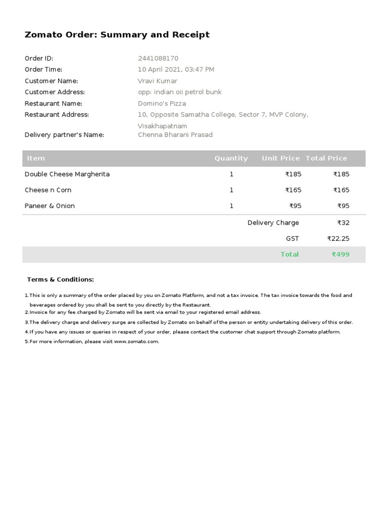 Zomato Order: Summary and Receipt | PDF | Invoice | Payments