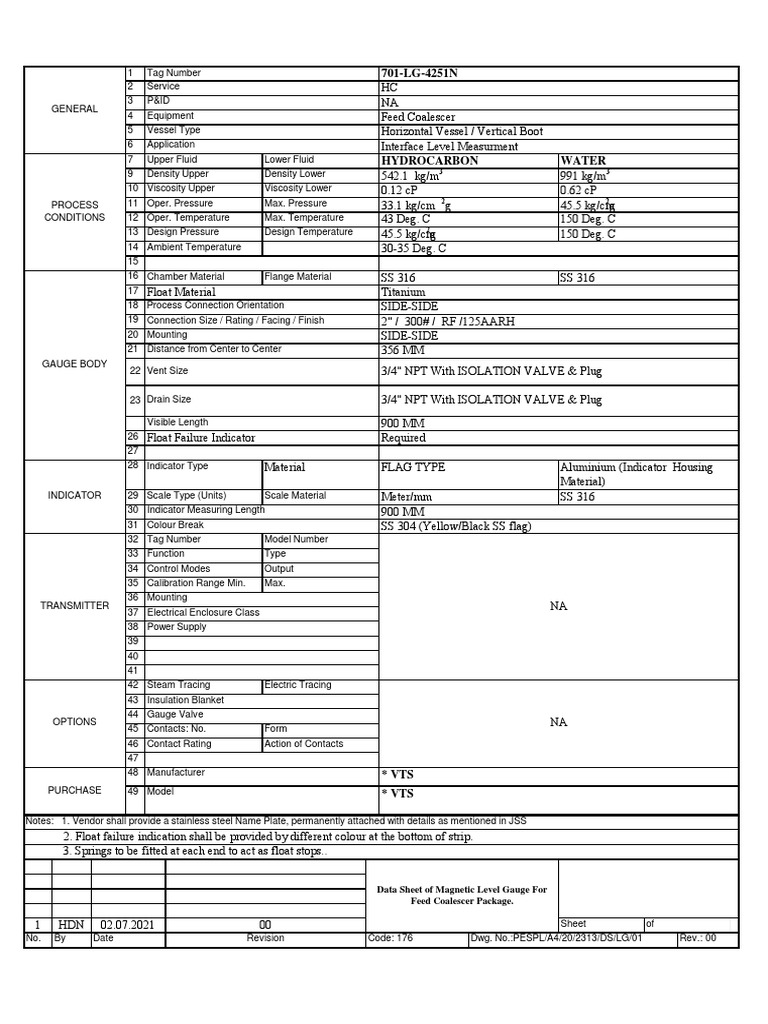 Data Sheet of Magnetic Level Gauge For Feed Coalescer Package | PDF ...
