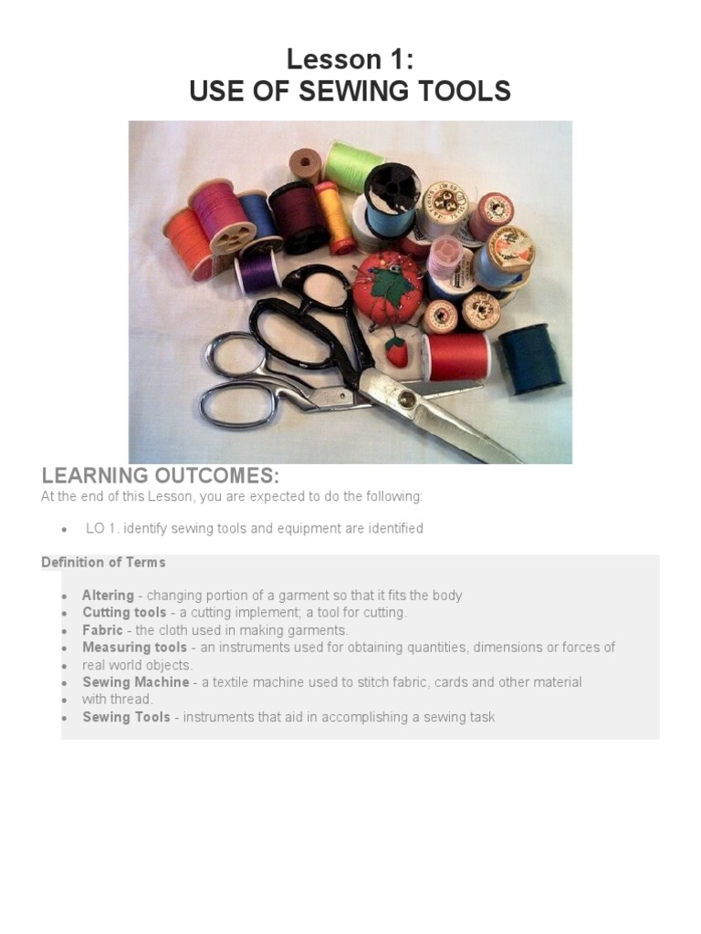 Lesson 1: Use of Sewing Tools: Learning Outcomes | PDF | Sewing Machine ...
