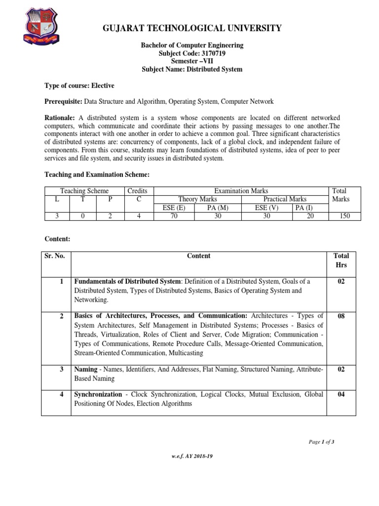 Gujarat Technological University: W.E.F. AY 2018-19 | PDF | Distributed Computing | Replication ...