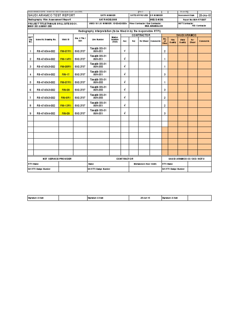 Saudi Aramco Test Report: Radiography Interpretation (To Be Filled in ...
