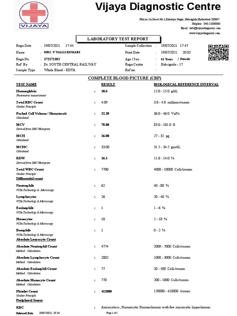 Laboratory Test Report: Mrs. V Valli Kumari 81 Years Female | PDF ...