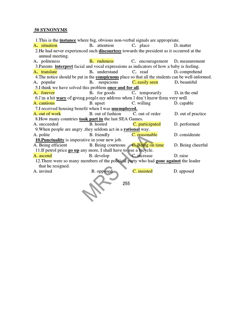 50 Synonyms Concise List | PDF