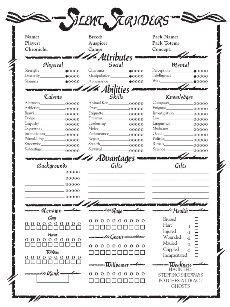 WOD - Werewolf - The Apocalypse - Character Sheet - Silent Striders ...