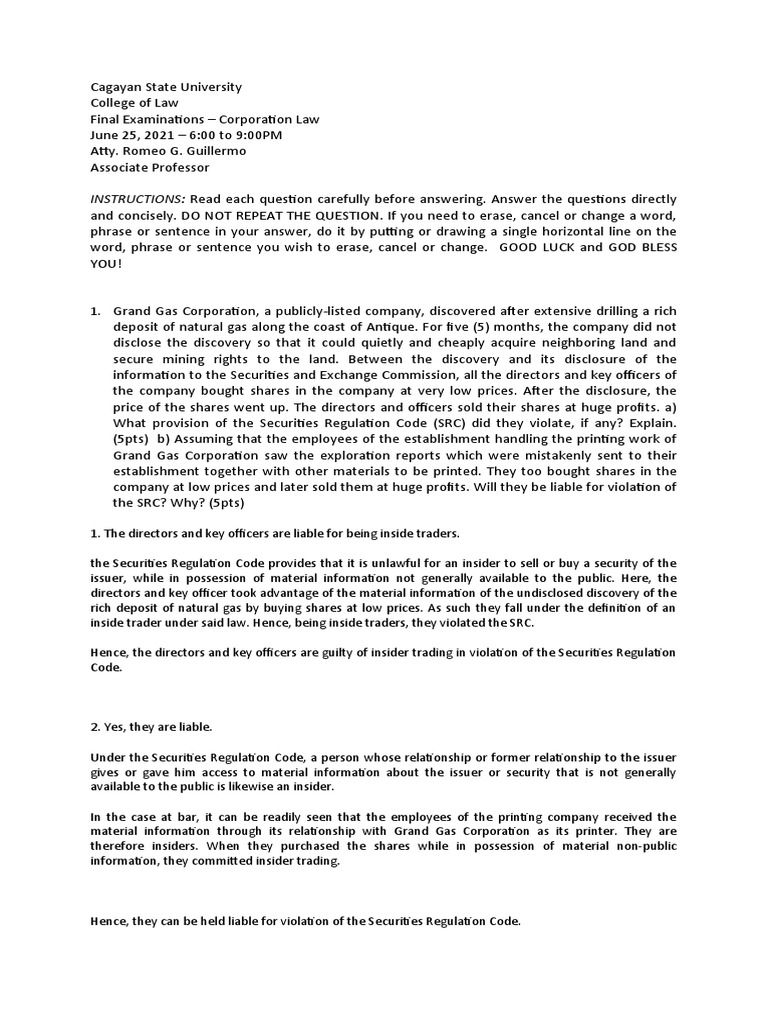 INSTRUCTIONS: Read Each Question Carefully Before Answering. Answer The ...