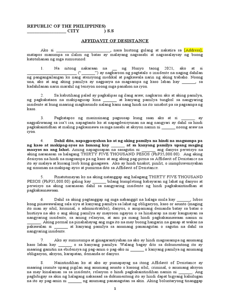 Affidavit of Desistance - No Case Filed Yet | PDF