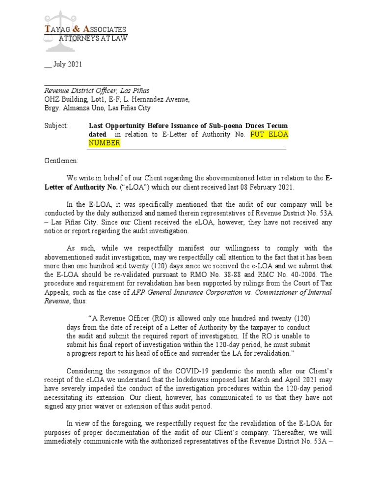 Letter Response - Request For ELOA Revalidation V2 | PDF | Common Law ...