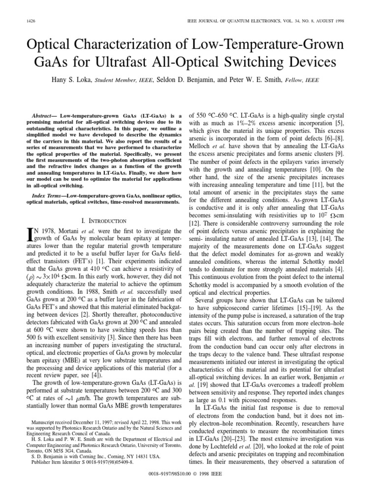 Optical Characterization of Low-Temperature-Grown Gaas For Ultrafast All-Optical Switching ...