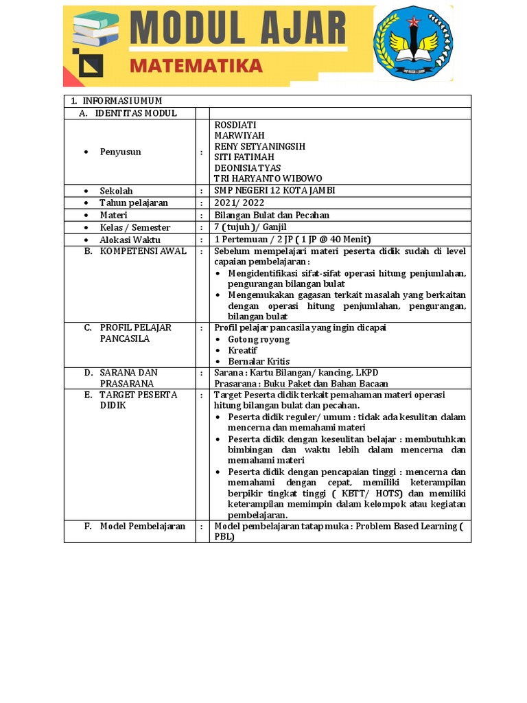 Tugas RPP - Bilangan Bulat CGP | PDF | Karier & Perkembangan | Pengembangan Diri