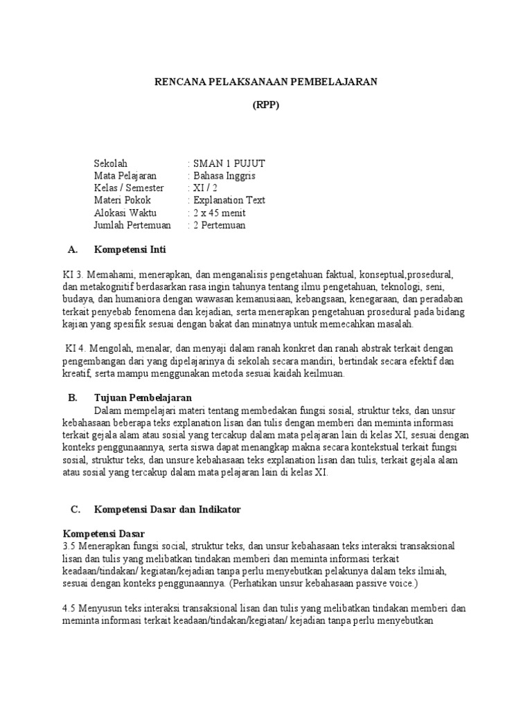 Rencana Pelaksanaan Pembelajaran (Explanation Text) | PDF | Seni & Disiplin Bahasa