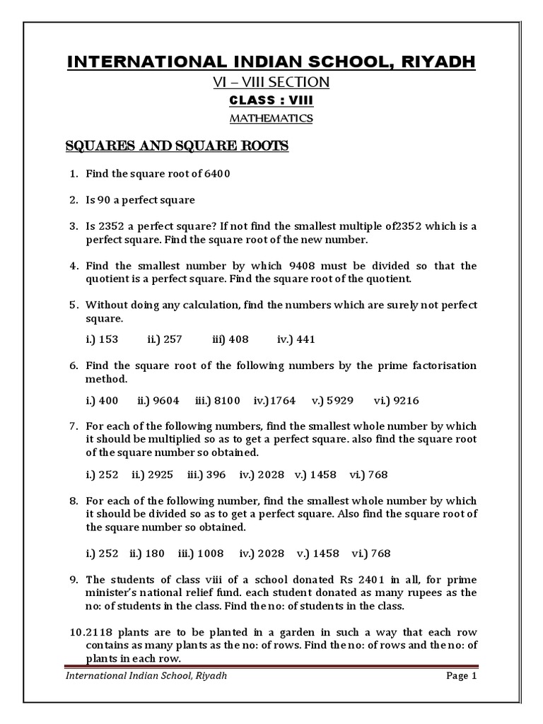 CBSE Class 8 Mathematics Worksheet - Square and Square Roots | PDF ...