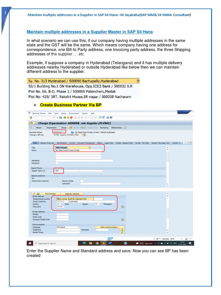 Maintain Multiple Addresses in A Supplier Master in SAP S4 Hana | PDF ...