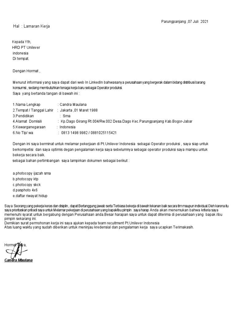 Surat Lamaran Kerja PT - Guardian | PDF
