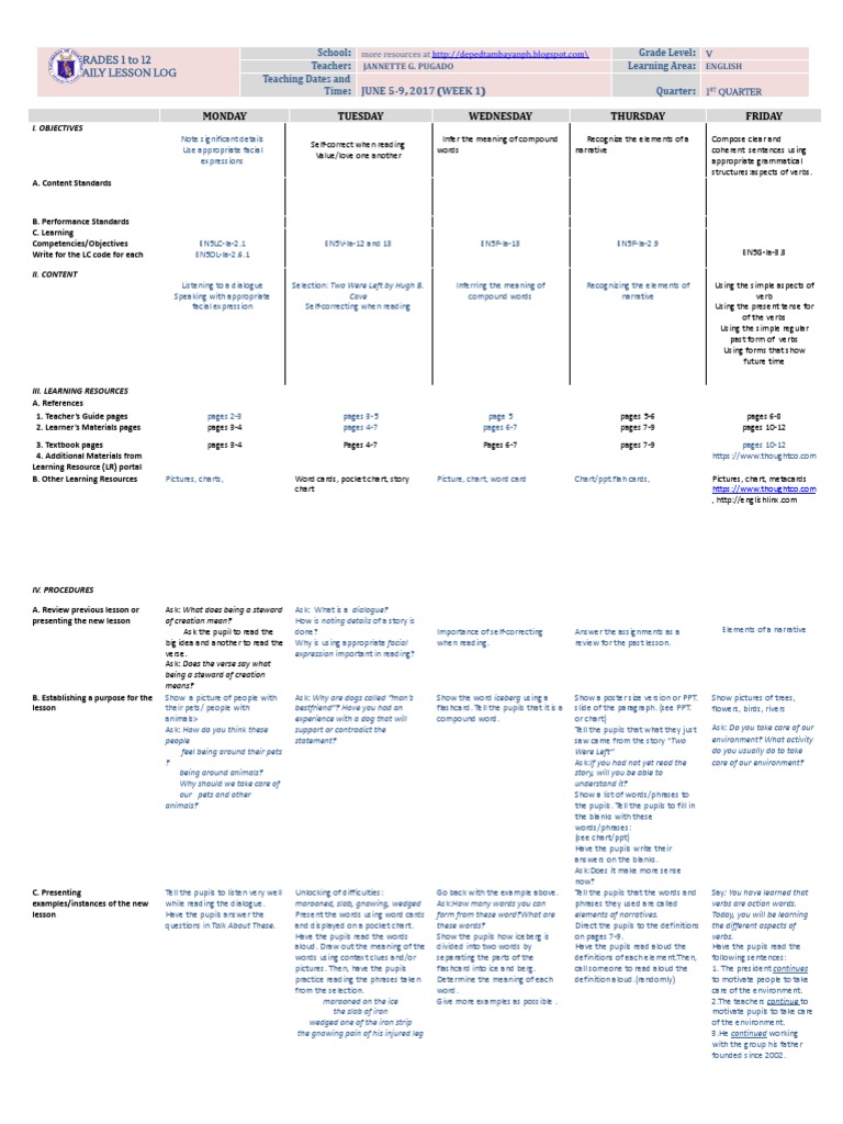 DLL - English 5 - Q1 - W1 | PDF | Word | Verb