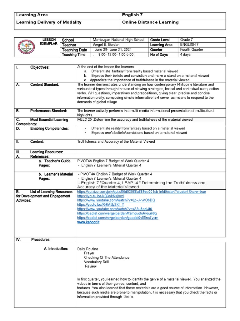 Lesson Exemplar Quarter 4 Module 4 | PDF | Educational Assessment ...
