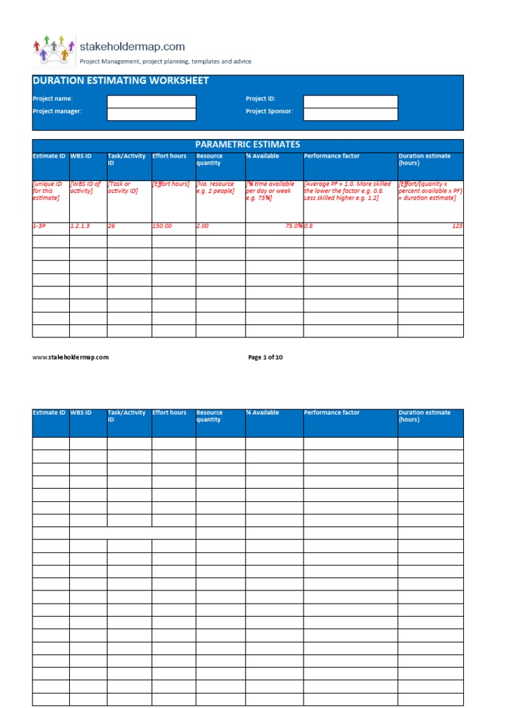 Duration Estimating Worksheet: Parametric Estimates | PDF | Project ...