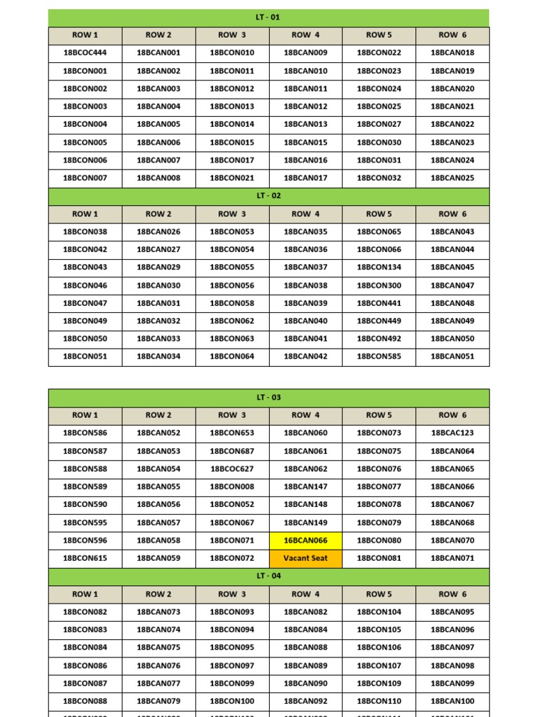 Student ID List by Lecture and Row | PDF