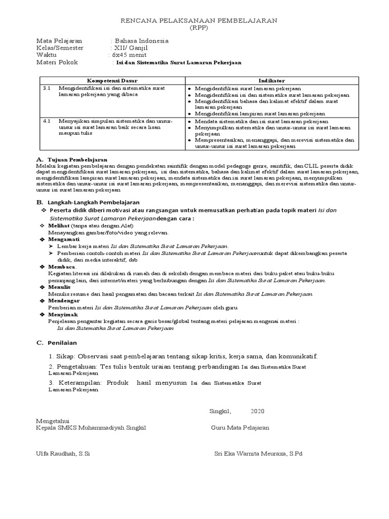 RPP 1 Lembar Bahasa Indonesia Kelas Xii Semester 1-2 | PDF