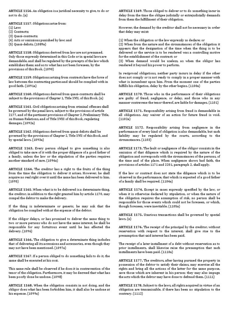 Articles 1156 To 1168 | PDF | Negligence | Interest