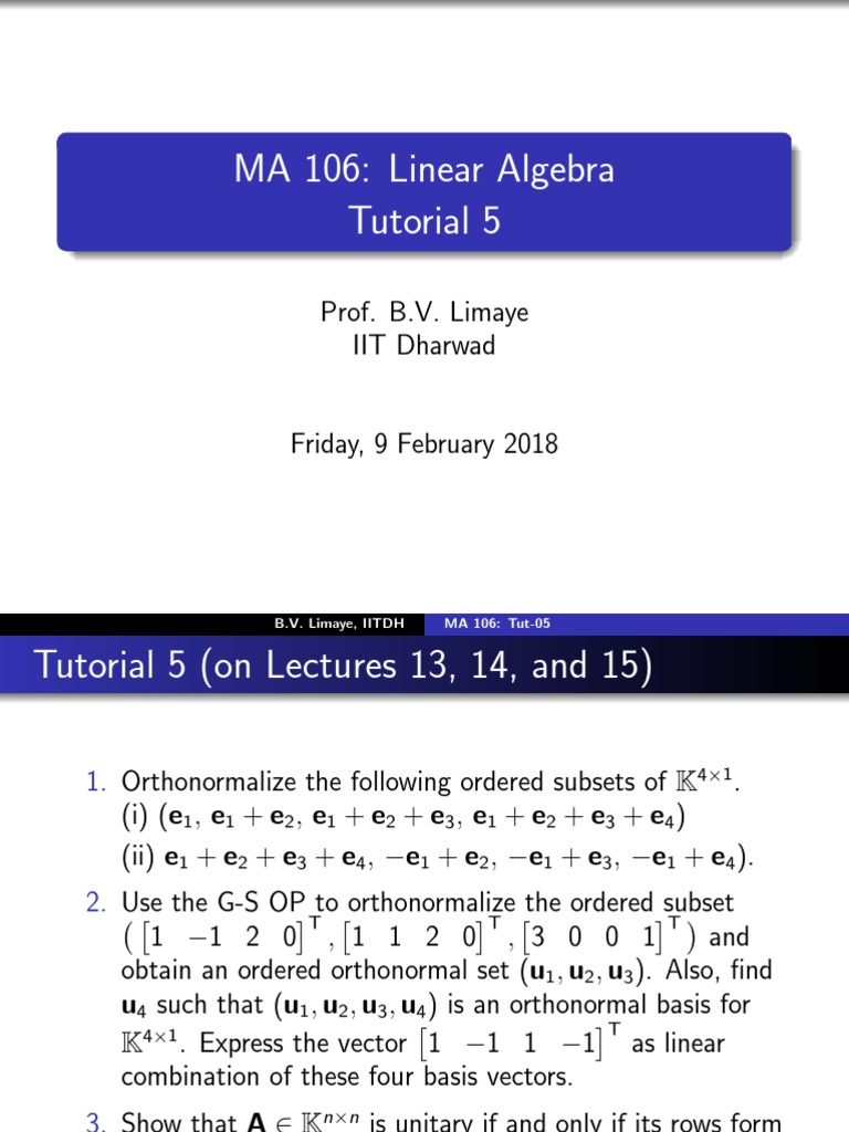 MA 106: Linear Algebra Tutorial 5: Prof. B.V. Limaye IIT Dharwad | PDF | Eigenvalues And ...