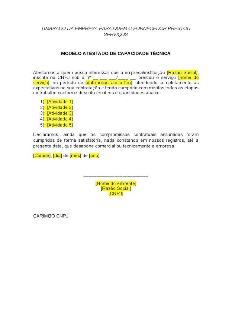Modelo De Atestado De Capacidade Tecnica2 Pdf