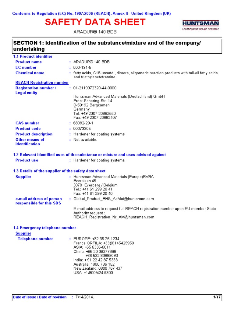 Safety Data Sheet: SECTION 1: Identification of The Substance/mixture ...