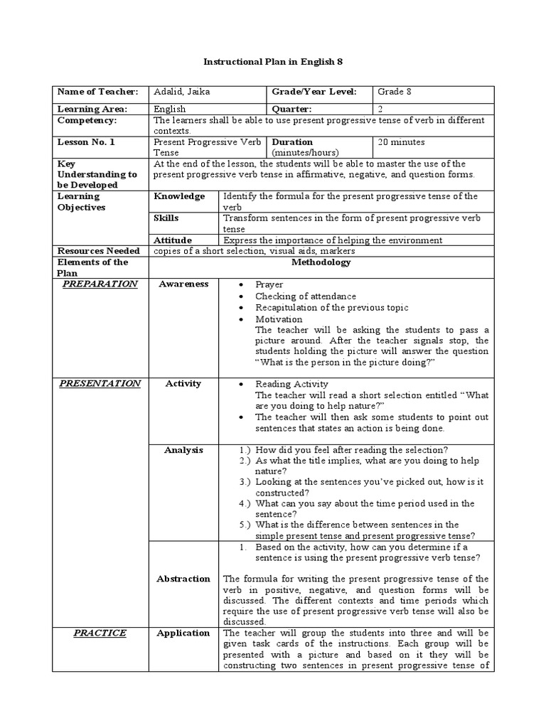 Present Progressive Tense Lesson Plan | PDF | Educational Assessment ...