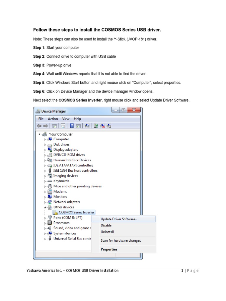 COSMOS Series USB Driver Installation Instructions | PDF