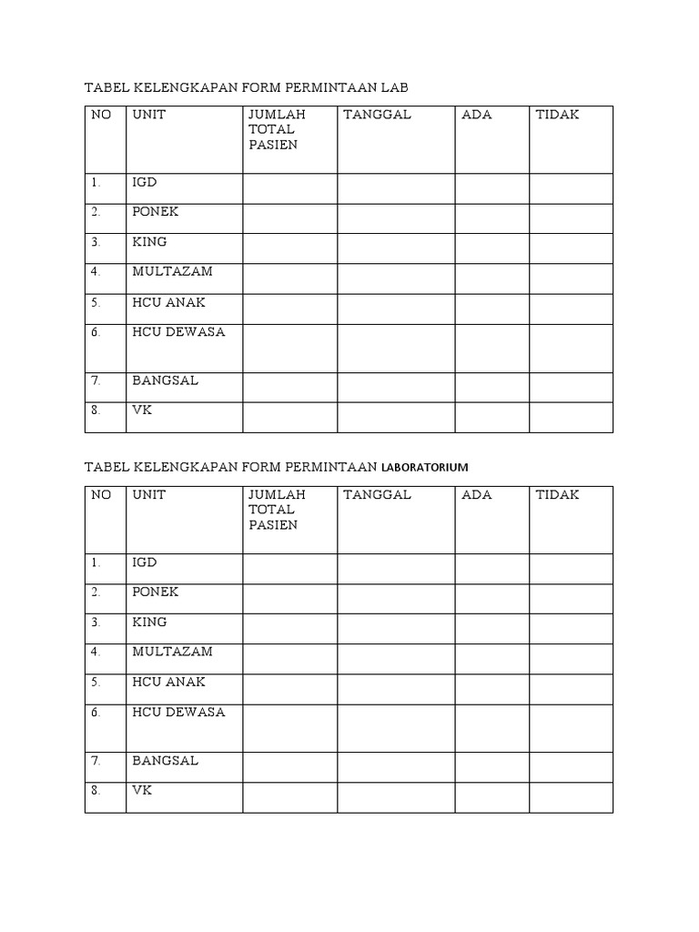 Tabel Kelengkapan Form Permintaan Lab | PDF