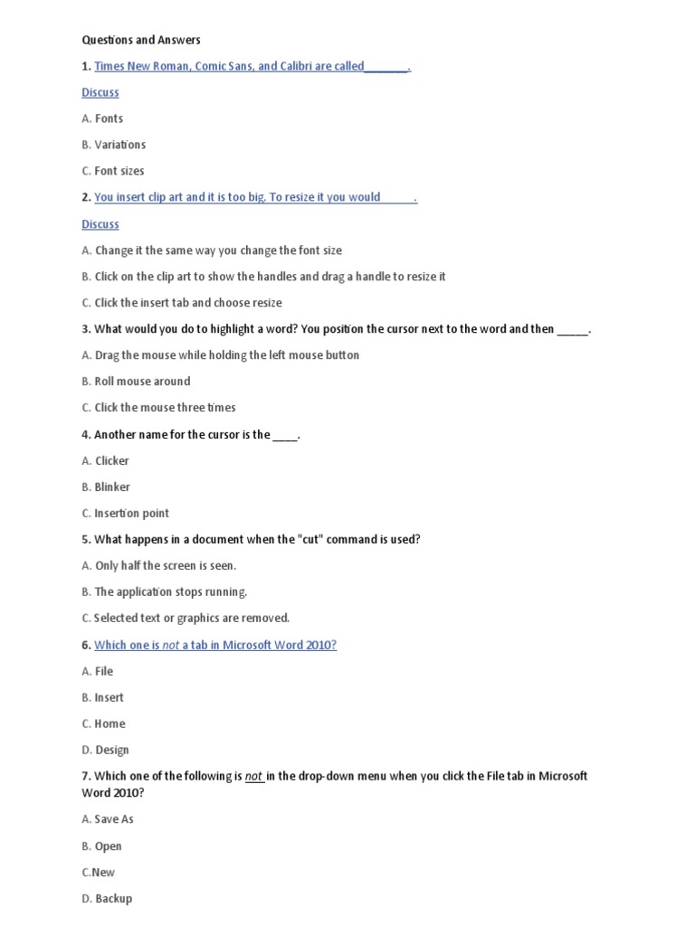 Questions and Answers | PDF | Microsoft Word | Cursor (User Interface)