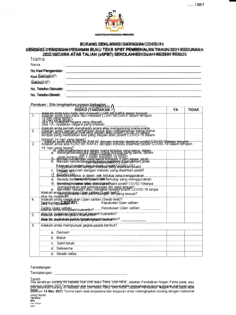 Borang Deklarasi Saringan Covid-19 | PDF