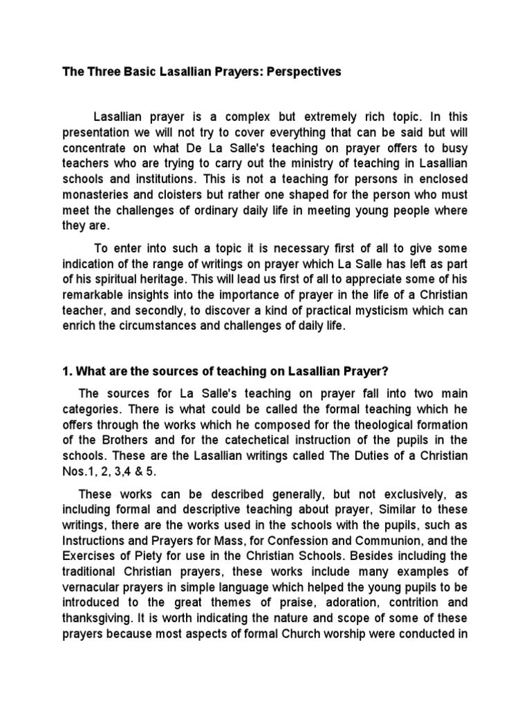 The Three Basic Lasallian Prayers: Perspectives | PDF | Prayer | Mass ...