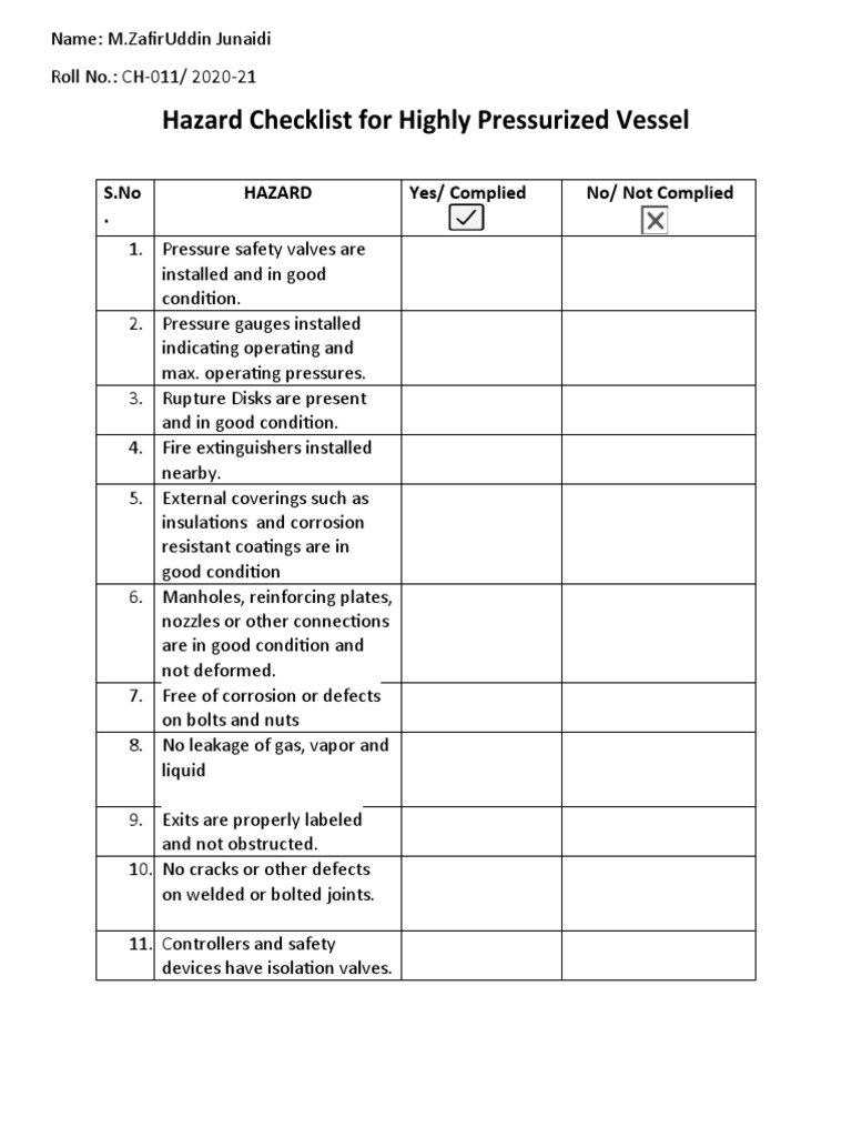Hazard Checklist for Pressure Vessels | PDF