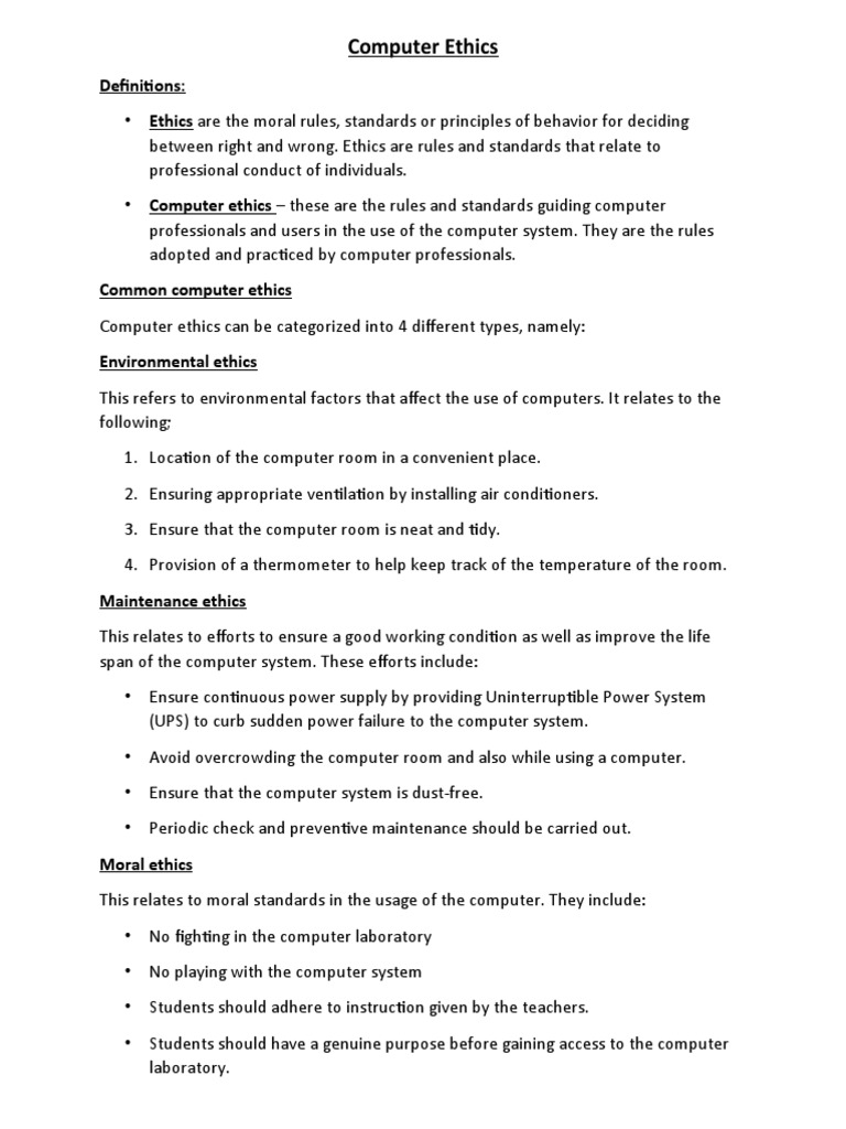 Computer Ethics: Definitions: Are The Moral Rules, Standards or ...