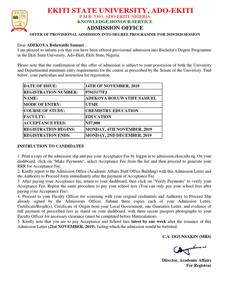 Ekiti State University, Ado-Ekiti: Admission Office | PDF | Educational ...
