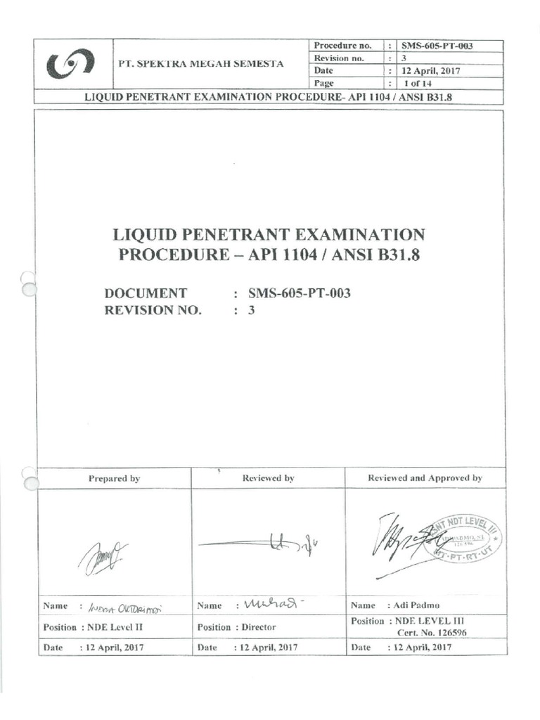 SMS-605-PT-003 Liquid Penetrant - API 1104 - B31.8 - Rev 3 | Download ...