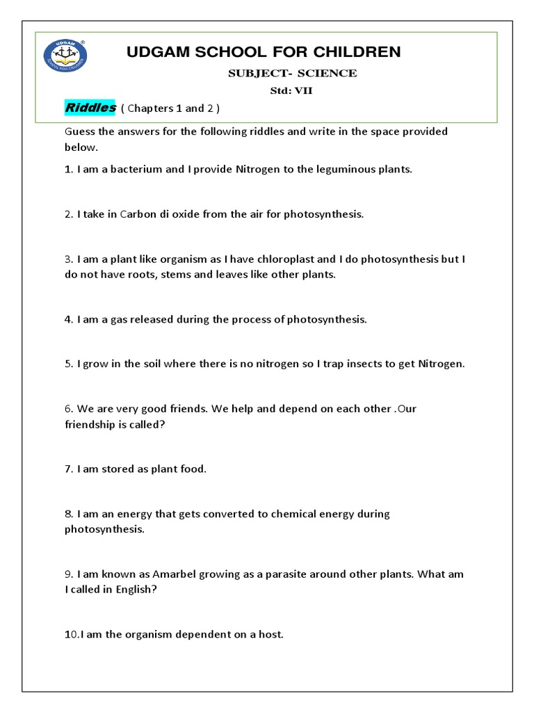 Riddles For Chapters 1 and 2. Grade 7 NCERT - Science | PDF | Digestion ...