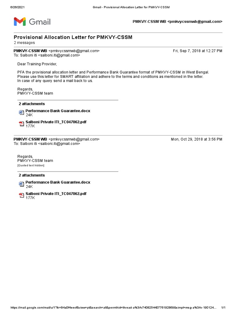 Gmail - Provisional Allocation Letter For PMKVY-CSSM | PDF
