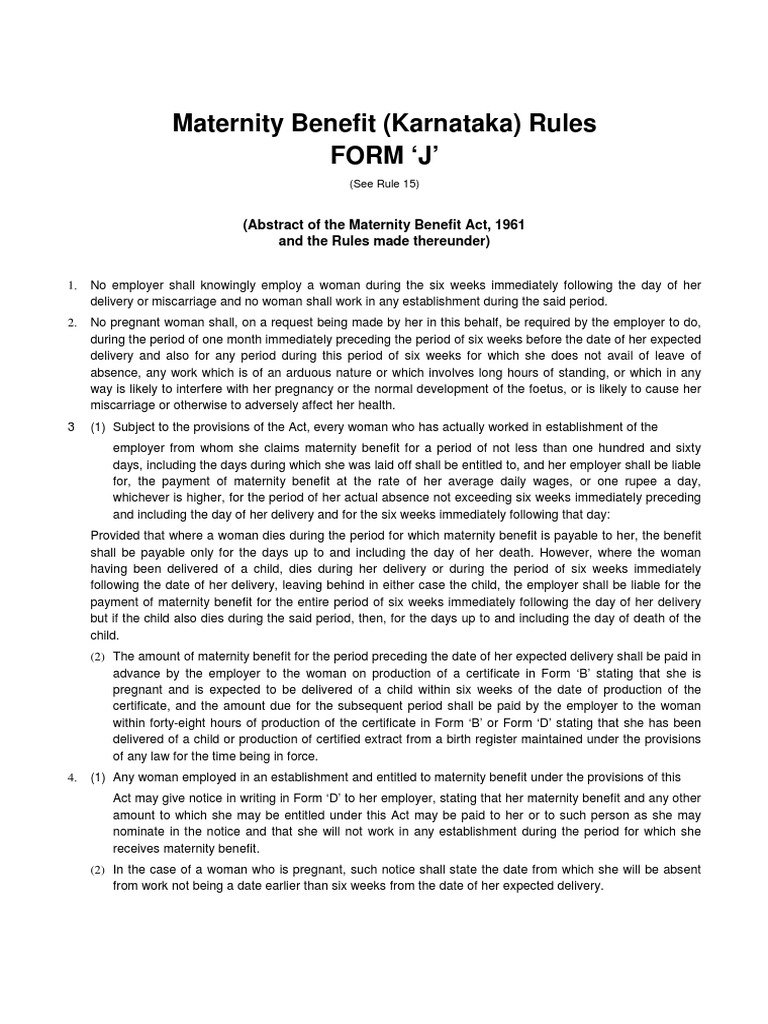 Maternity Benefit (Karnataka) Rules Form J' | PDF | Miscarriage ...