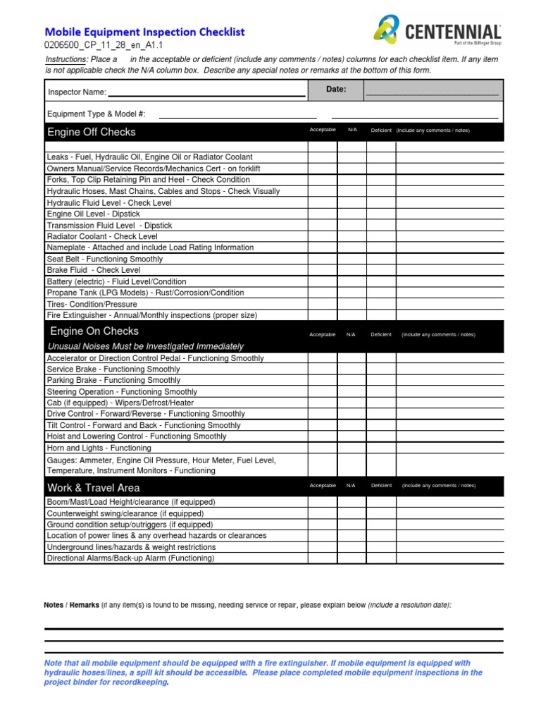 28.1.1 Mobile Equipment Inspection Checklist | PDF | Forklift | Land ...
