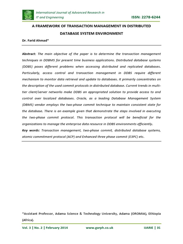 A Framework of Transaction Management in Distributed Database System ...