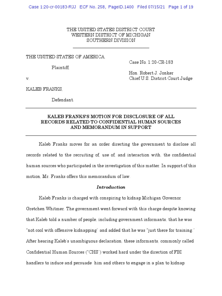 Whitmer Kidnap Plot Kaleb Franks Motion To Compel Informant ...