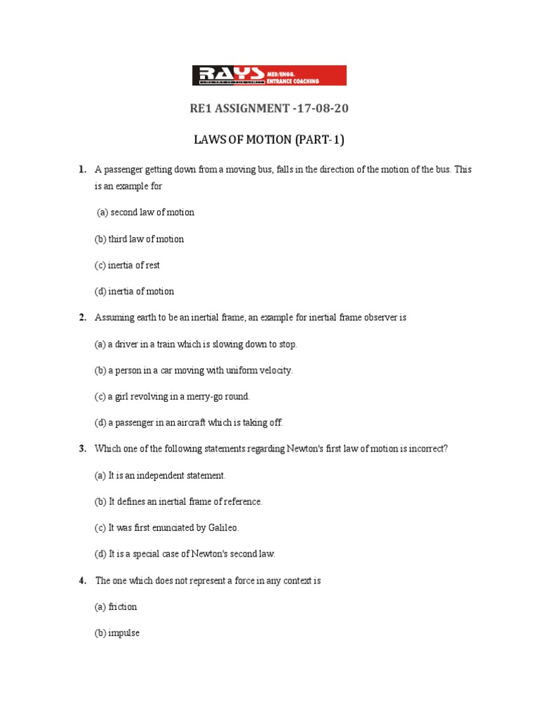 Assignment Laws of Motion 1 | PDF | Newton's Laws Of Motion | Inertia