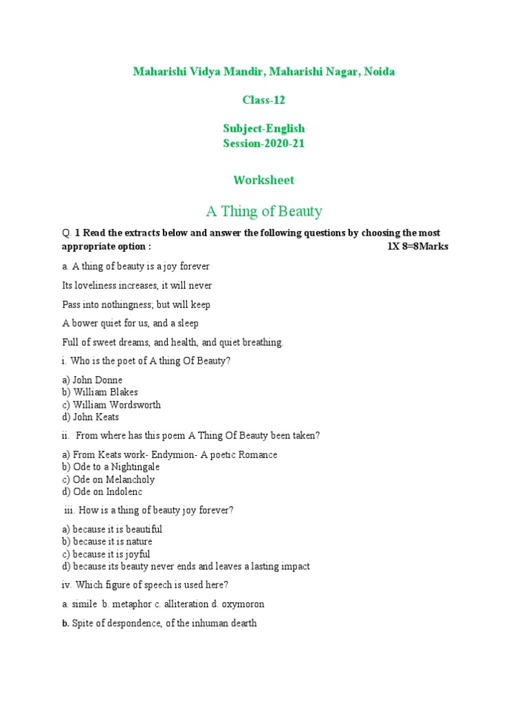 Worksheet A Thing of Beauty | PDF | John Keats | Poetry