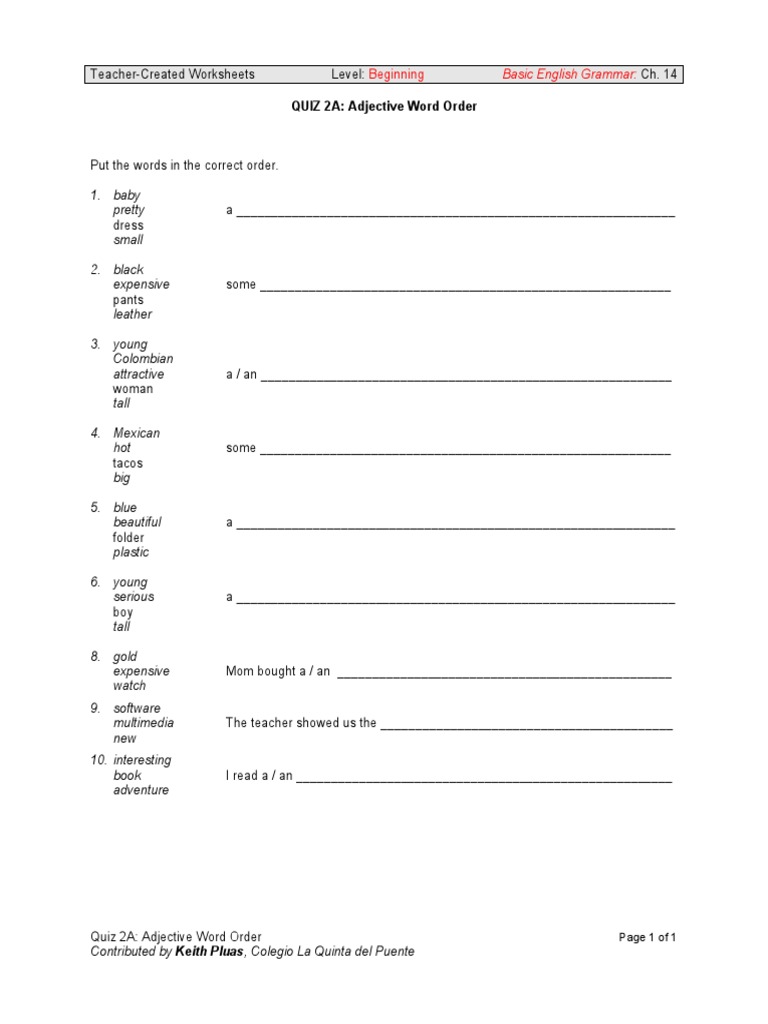 QUIZ 2A: Adjective Word Order: Beginning | PDF | Languages | Language Arts & Discipline