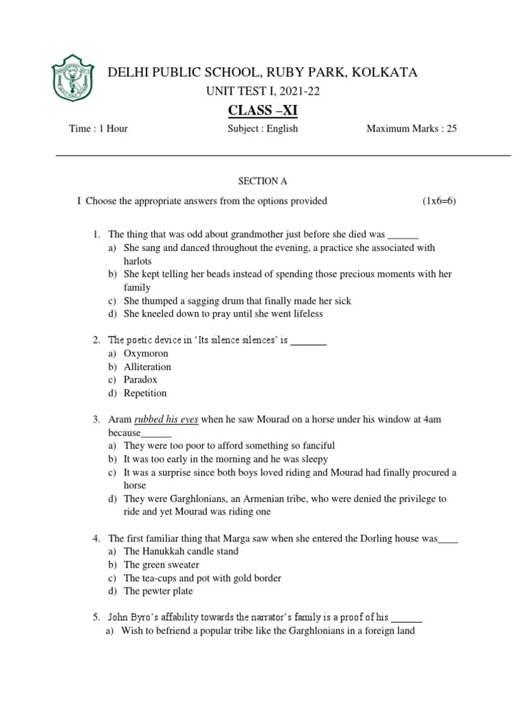 PDF English Core Class 11 UT I (2021-22) | PDF