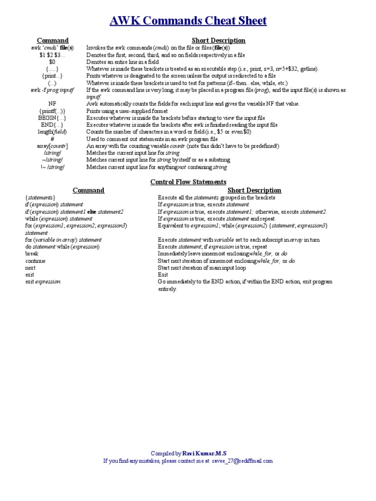 Awk Cheatsheet | PDF | Software | Software Engineering Awk Cheatsheet | PDF | Software | Software Engineering