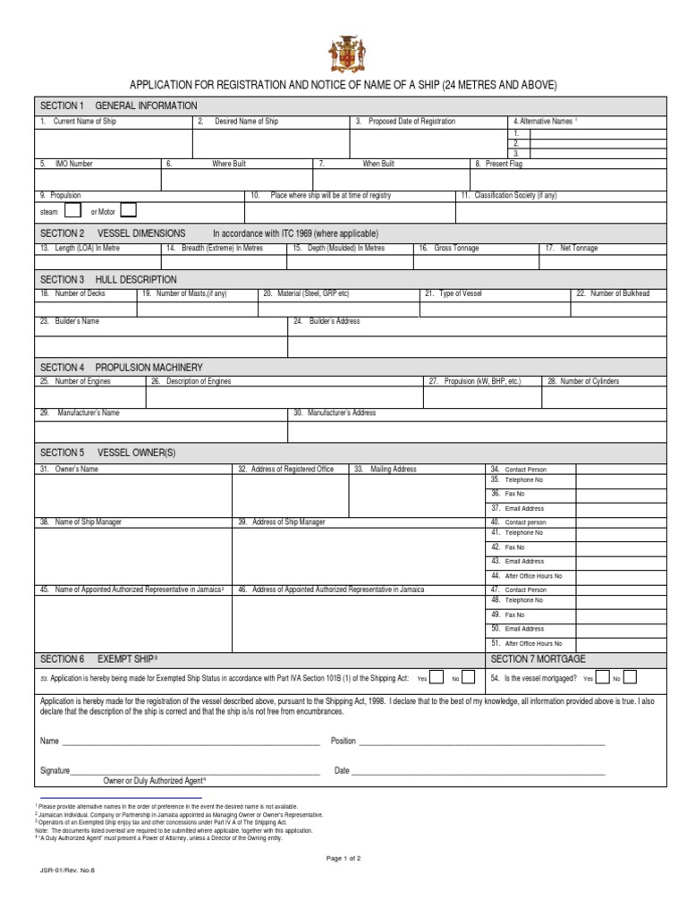 Application For Registration and Notice of Name of A Ship (24 Metres ...